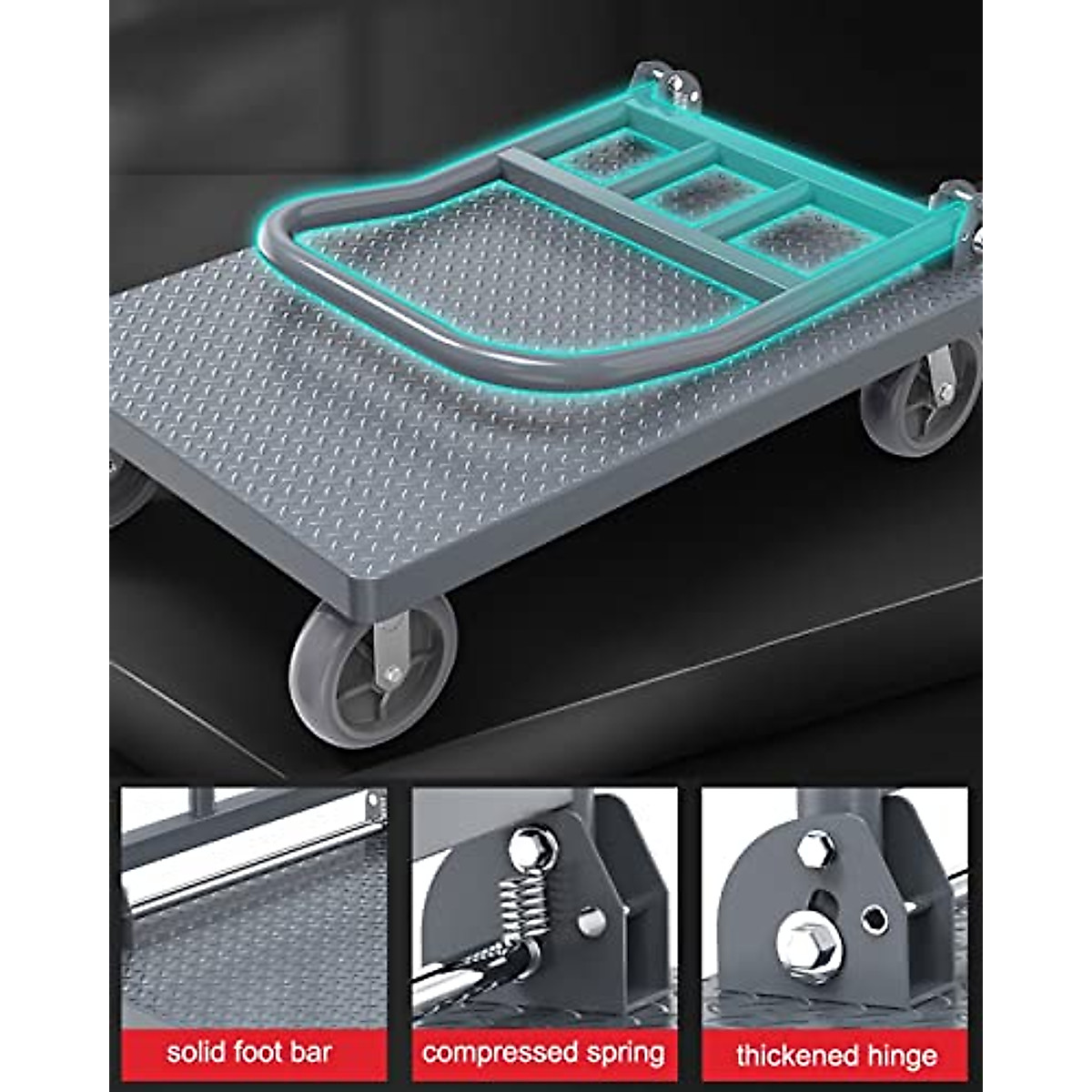 Generic Hand cart with Folding Steel Platform,Push cart Foldable Heavy Duty, Non-Slip Surface, Maximum Load 600 kg with 4 Wheels (Size : 105 * 63 * 97CM)