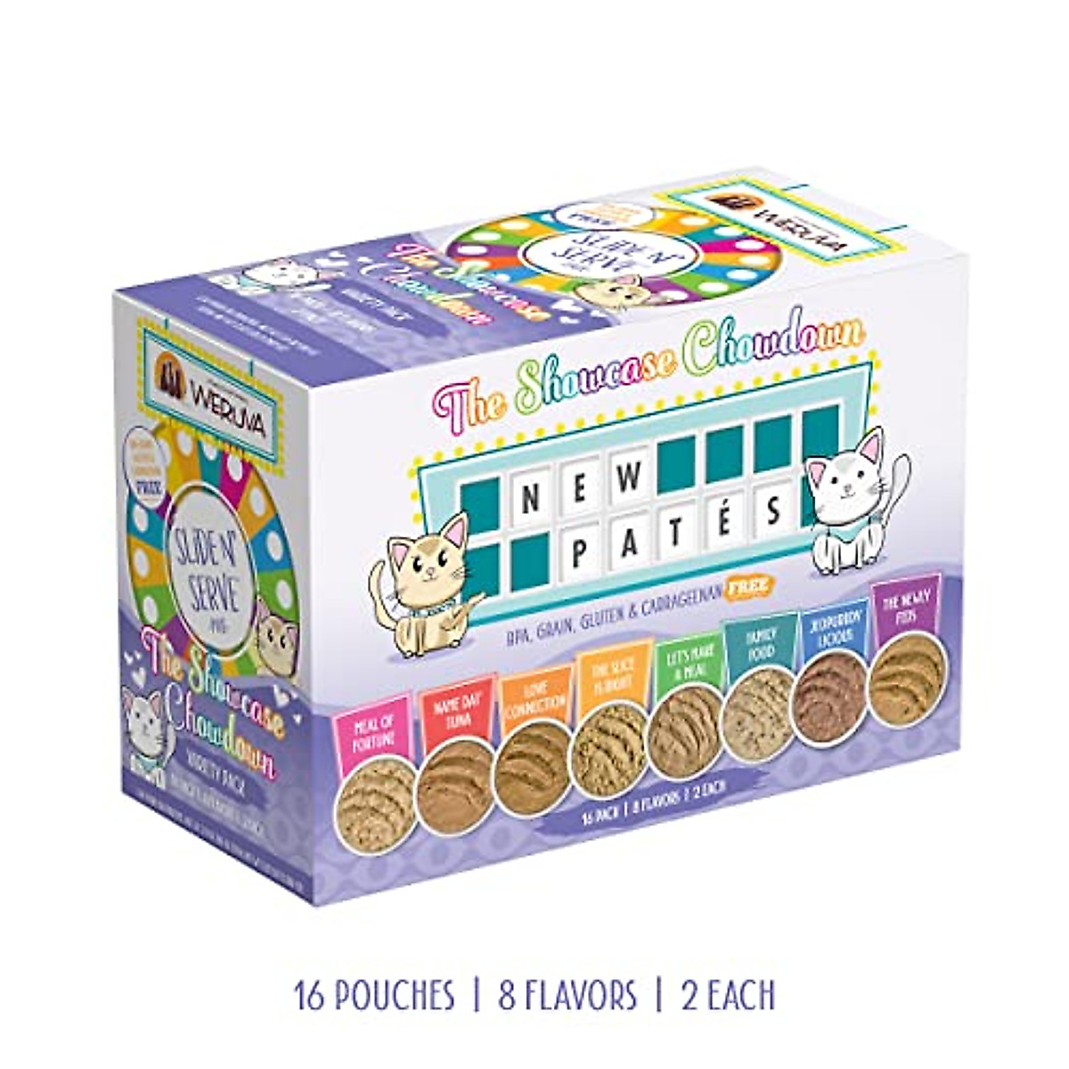 Weruva Slide N' Serve Paté Wet Cat Food, The Showcase Chowdown Slide N' Serve 2.8oz Pouch Variety Pack of 16, Multi Color