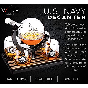 Globe Whiskey Decanter Set with 4 Liquor Glasses - Navy Whisky Decanter & Glass Set with Wood Base and 9 Whiskey Stones - Father's Day - Navy Gifts for Men - Bourbon and Scotch Military Gifts for Dad