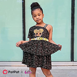L.O.L. Surprise! Girls Tiered Dress Figure Print Layered One Shoulder Casual Dress Flowy Dress Size 6-12 Black 8-9 Years