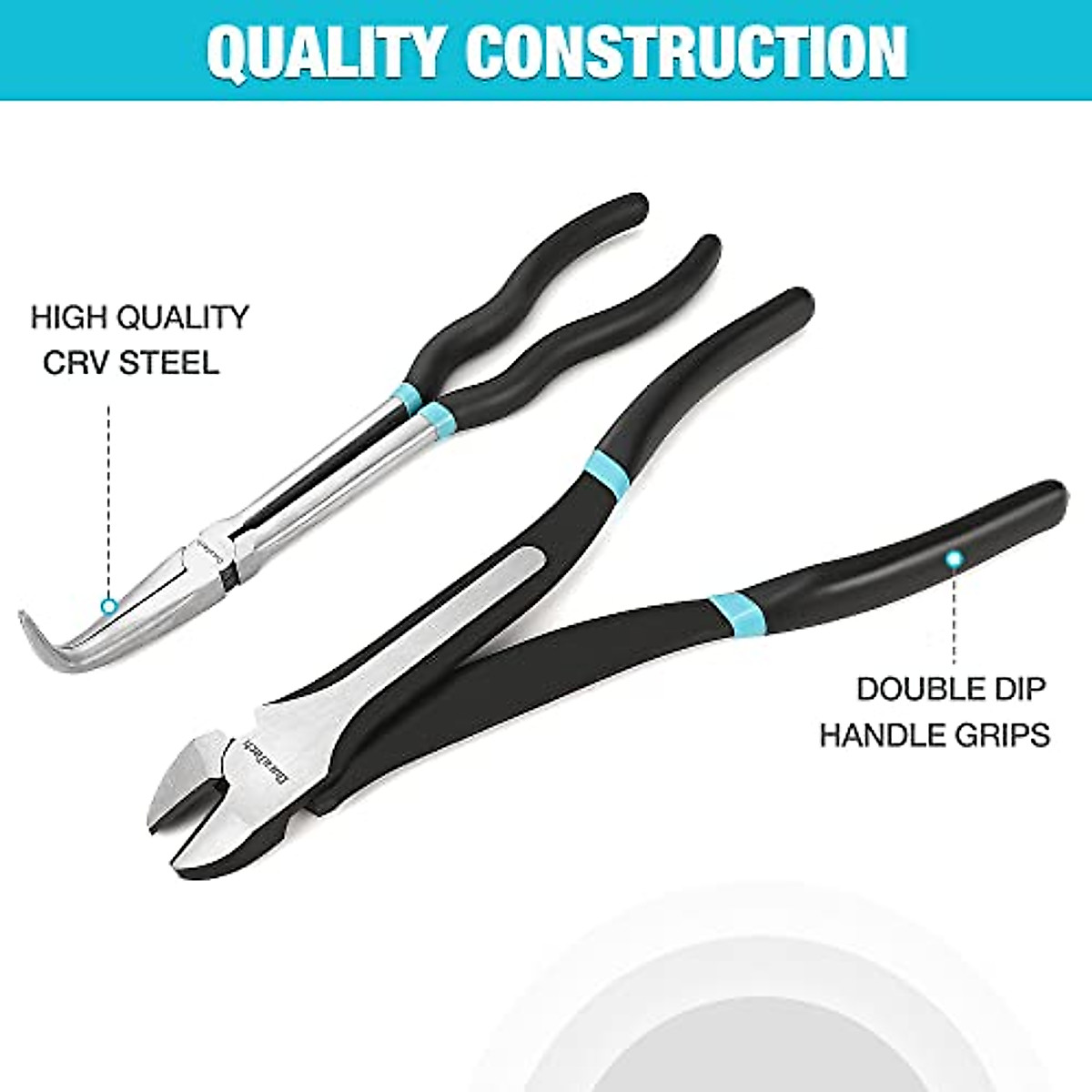 DURATECH 4 PCS Extra Long Needle Nose Pliers Set, Premium CRV Steel, 11" Long Reach Straight Pliers, 90° Bent Nose Pliers, 45°Bent Nose Pliers, Diagonal Pliers for Hard-to-Reach Narrow Spaces