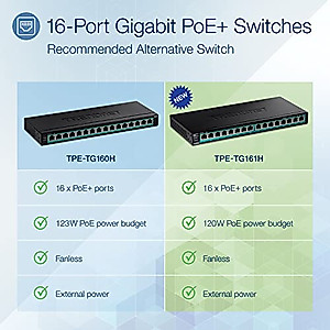 TRENDnet 16-Port Gigabit PoE+ Switch, 16 x Gigabit PoE+ Ports, 120W PoE Budget, Up to 30W Per Port, 1U 19” Rackmount Brackets Included, Fanless, Lifetime Protection, Black, TPE-TG161H