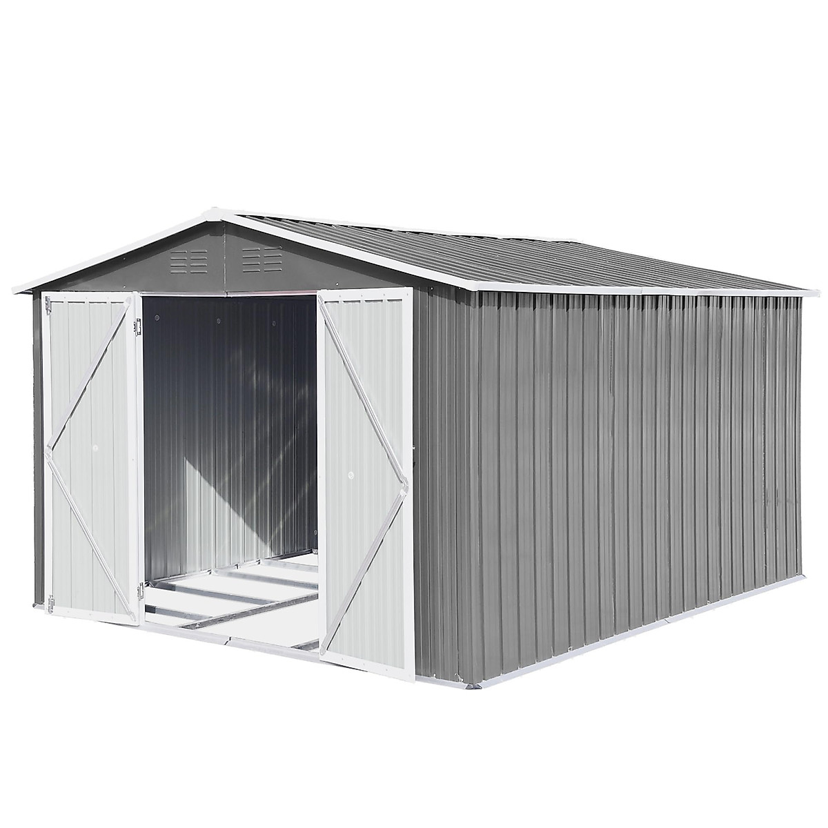 GLANZEND 10x8 FT Outdoor Metal Garden Shed, Galvanized Steel Large Storage Sheds with Lockable Doors, Weatherproof Tool House with Pitched Roof & Punched Vents for Backyard Lawn, Gray + White