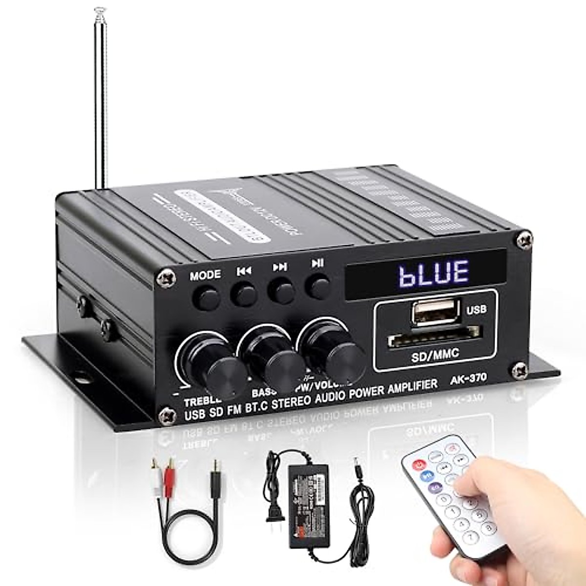 AK-370 Bluetooth Audio Amplifier with 12V/5A DC Power Supply,2.0 Channels Bluetooth Amplifier Supports Bluetooth/RCA/USB Flash Drive/SD Card Input and FM Function