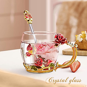 OEAGO Gifts for Mom Women Mothers Day Glass Coffee Enamels Mug Best Birthday Gifts for Her from Daughter Son Valentines Day Christmas Red Tea Cup with Spoon Set