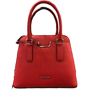 Calvin Klein Women's Saffiano Leather Satchel Metal Trim Pocket, Red