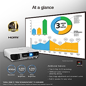 Epson Pro EX7280 3-Chip 3LCD WXGA Projector, 4,000 Lumens Color Brightness, 4,000 Lumens White Brightness, HDMI, Built-in Speaker, 16,000:1 Contrast Ratio (Renewed)