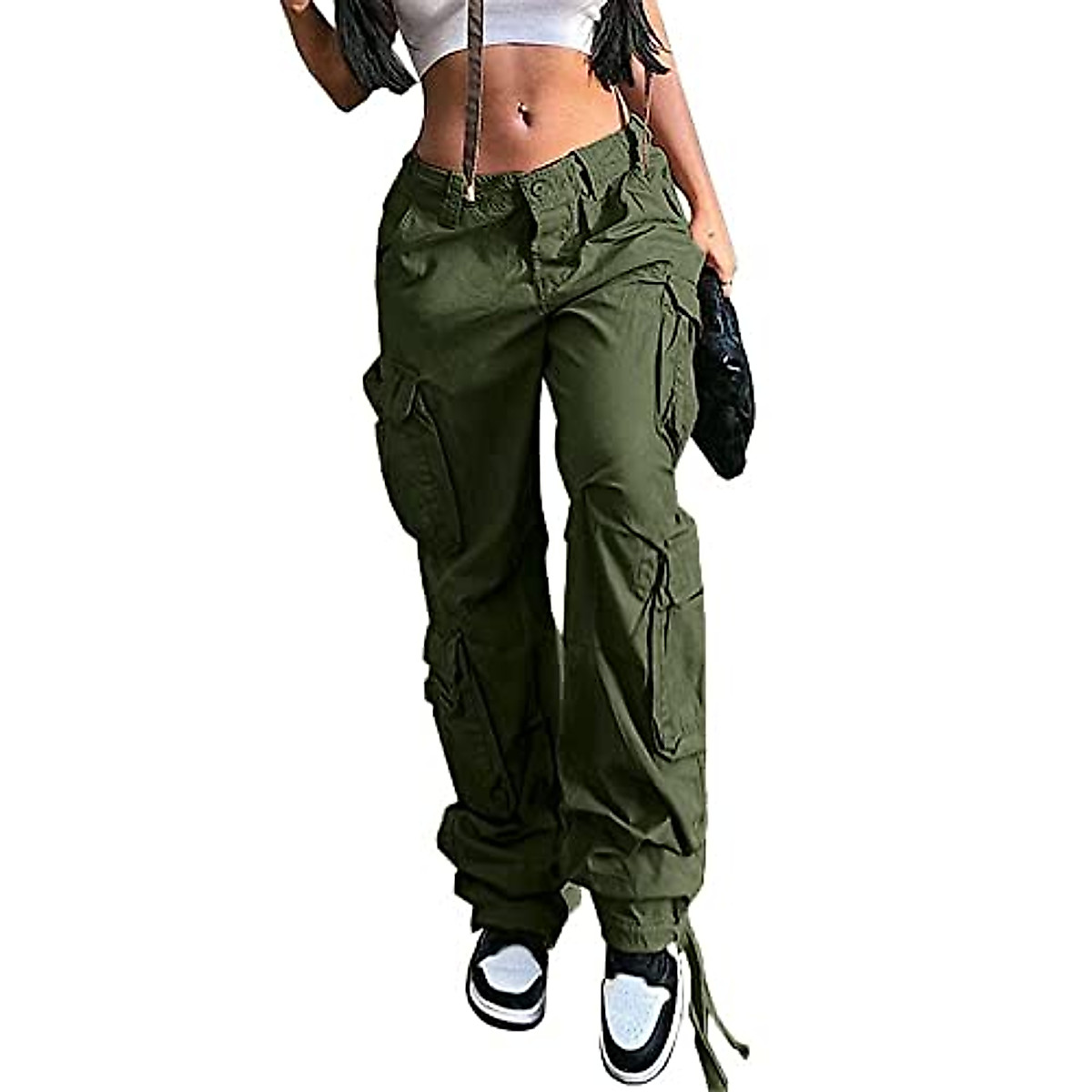 NCXFTP Cargo Pants Women, High Waist Cargo Pants Women Baggy Cargo Pants for Women Multiple Pocket Jogger Straight Wide Leg Parachute Pants Y2K Green