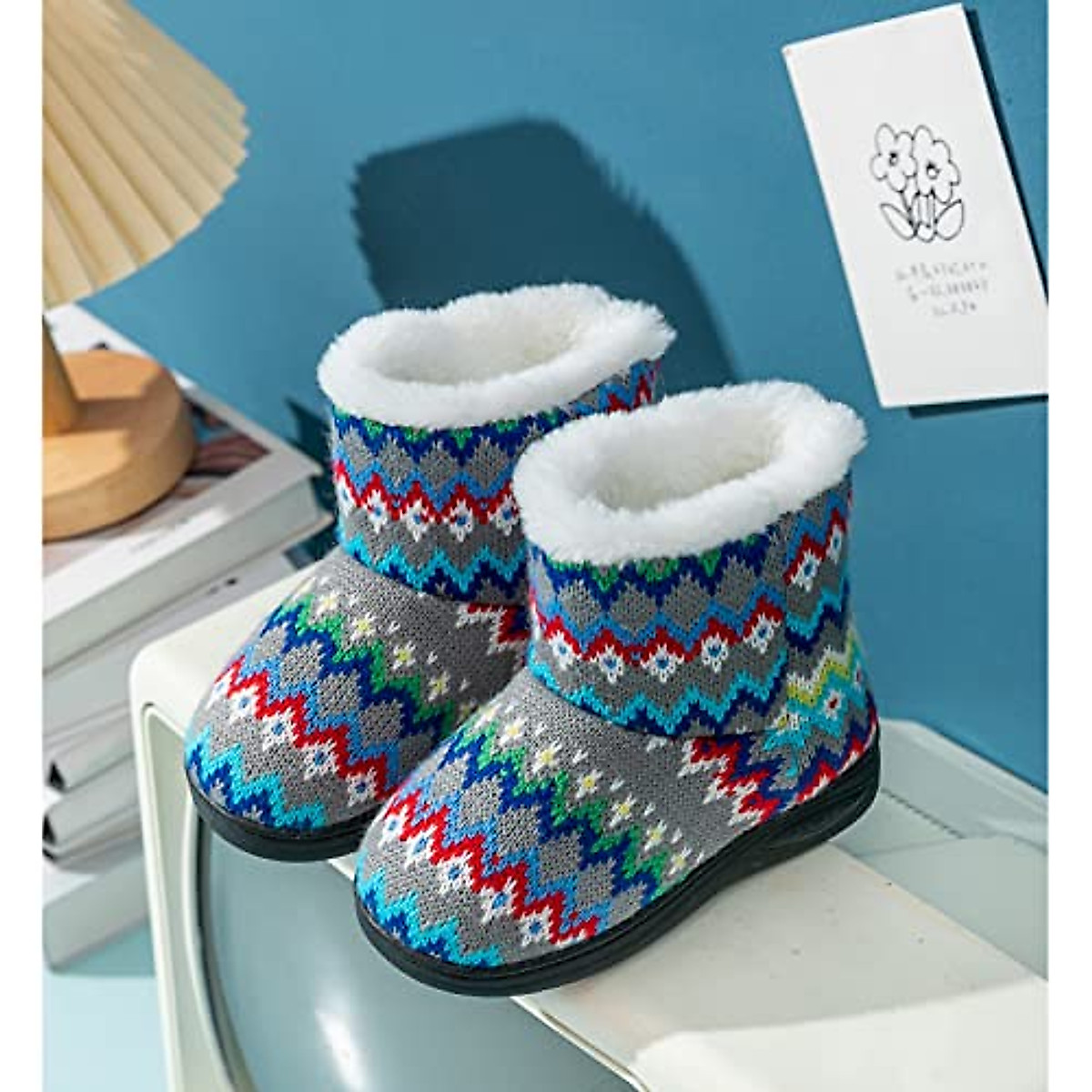 Anddyam Kids Fuzzy Warm Soft Boot Slipper Non-Slip House Shoes Outdoor Indoor Winter Knitted Cozy Warm Girls Boys Slipper Big Kid 4-6 blue