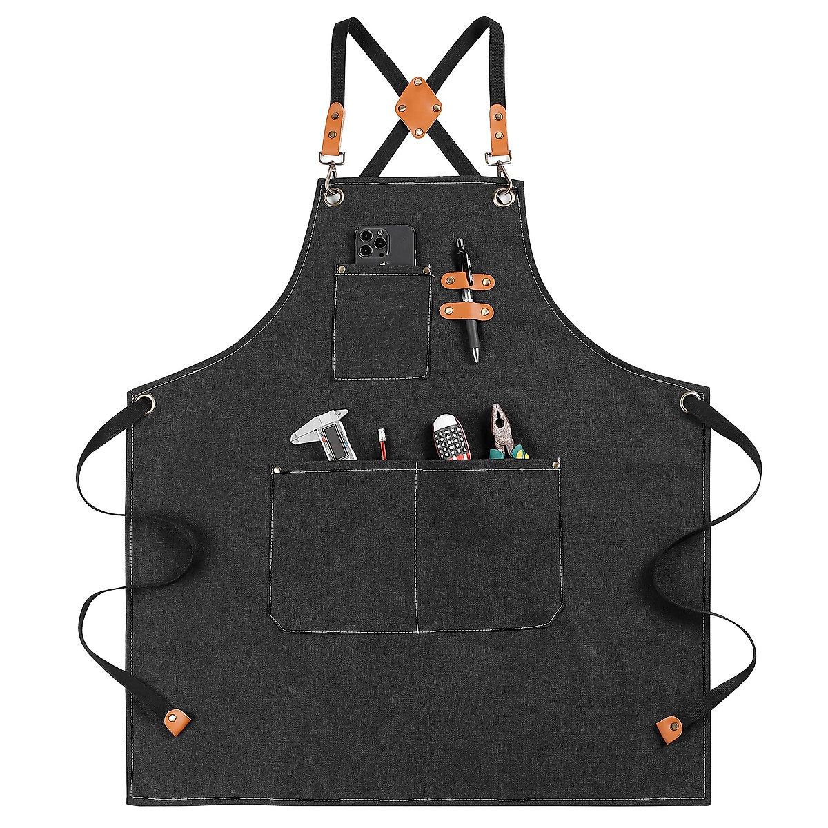 Chef Grill or Work Aprons for Women and Men with Large Pockets, Cross Back Waterproof Chef Apron, Adjustable Painting, Barbecue, Kitchen Cooking, Baking Apron, Work Shop Accessories M-XXL(BLACK)