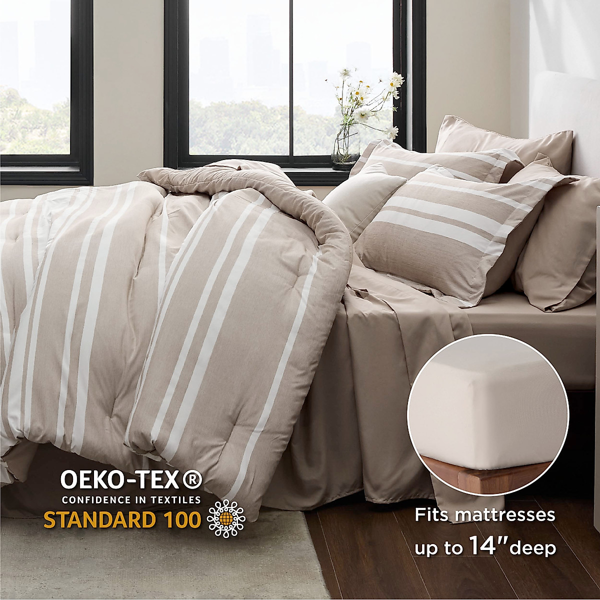 Bedsure Full Comforter Set 7 Pieces, Light Camel Striped Bedding Set for Full Size Bed Reversible, Cationic Dyeing Bed in a Bag with Comforter, Sheets, Pillowcases & Shams