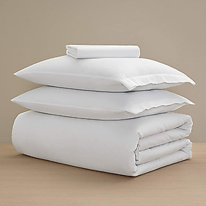 H by Frette Checkered Sateen Standard Bed Bundle (Queen) - Luxury All-White Bedding Bundle/Includes Pillowcases, Fitted Sheet, and Duvet Cover