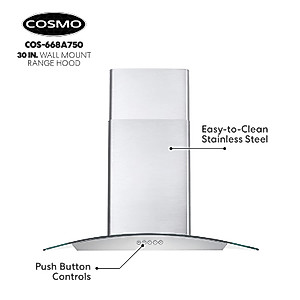 COSMO 668A750 Wall Mount Range Hood 380-CFM with Ducted Glass Chimney Kitchen Stove Vent, LED Light, 3 Speed Exhaust Fan, Permanent Filter, Stainless Steel (30 inch)