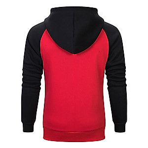 Maiyifu-GJ Men's Fleece Color Block Pullover Hoodies Slim Fit Drawstring Hooded Sweatshirt Casual Long Sleeve Gym Hoodie (Red,Small)
