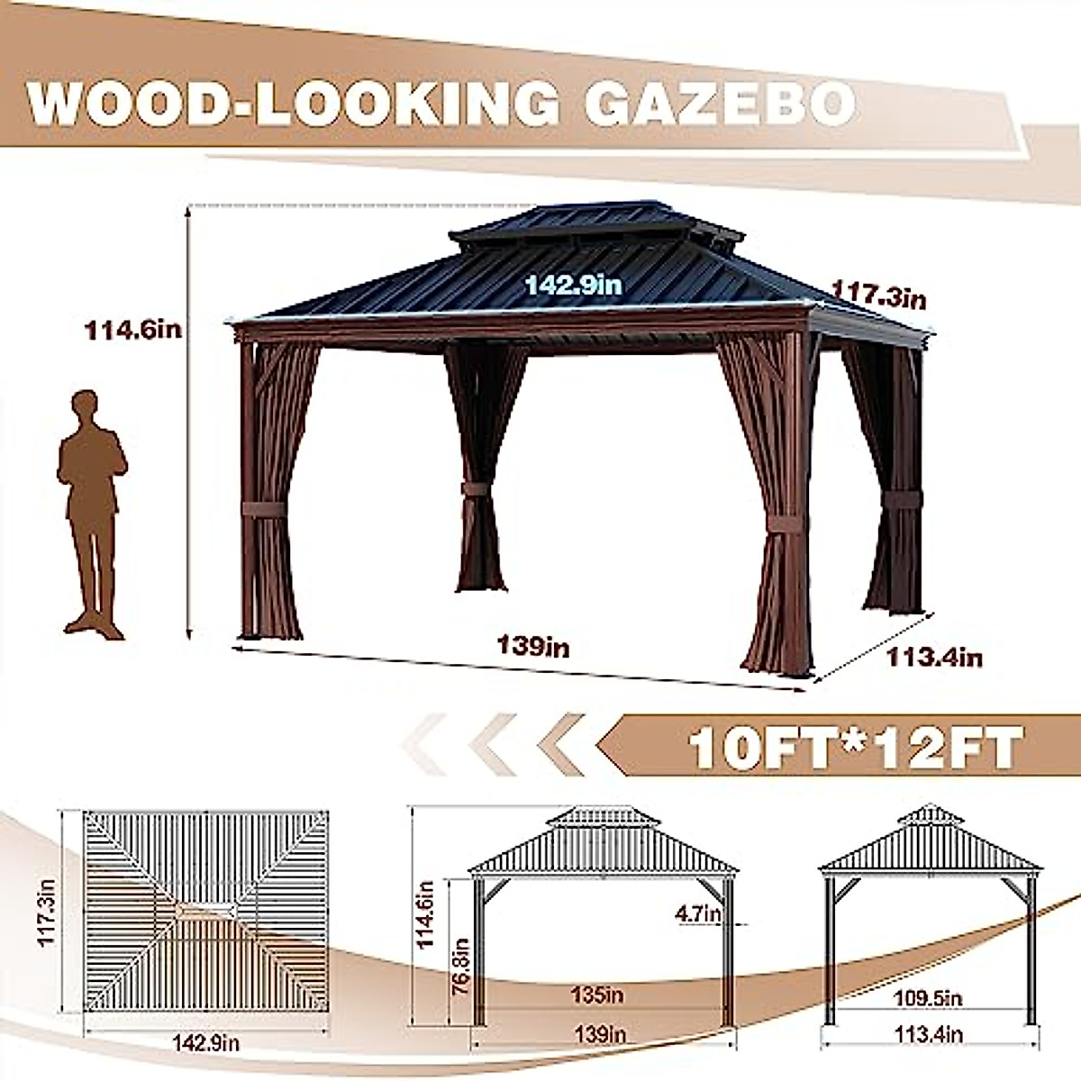 MUPATER 10' x 12' Gazebo, Wooden Finish Coated Aluminum Frame, with Double Galvanized Steel Hardtop Roof, Netting and Curtains for Garden, Patio, Lawn and Parties