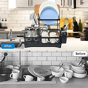 JUPELI Dish Drying Rack, 2 Tier Dish Racks for Kitchen Counter, Large Dish Drainer Strainer Dryer Tray Set, Kitchen Gadgets with Drainboard | Utensil | Cutting-Board Holder, Kitchen Organization Decor