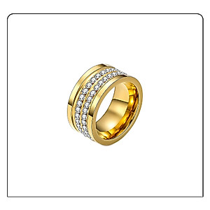 Fusamk Fashion 18K Gold Stainless Steel Band Ring Two Row Crystal Ring(Gold(9))