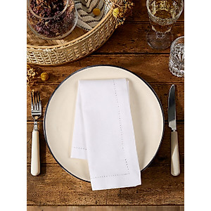 Palisa Cloth Dinner Napkins with Hemstitched Detailing & Mitered Corners Set of 4 (18x18 Inches) White - Cotton Reusable Dinner Napkins - Perfect for Weddings & Everyday Use