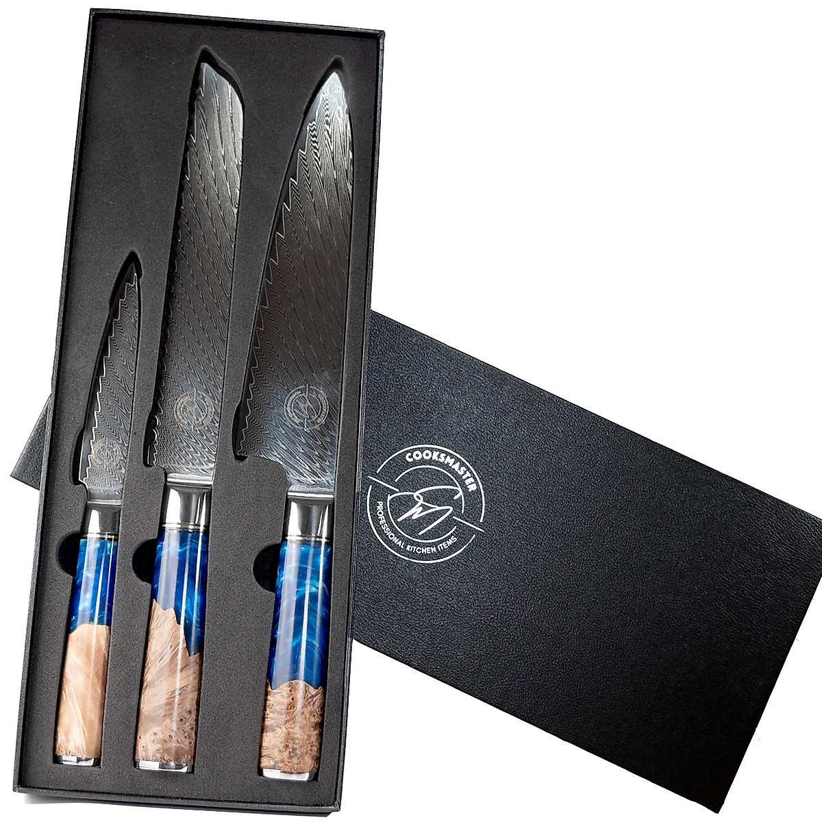 Damascus Kitchen Knife Set 3 piece, 67 Layer Handmade Damascus VG10 Steel Core Forged, 8" Chef Knife, 7,5" Serrated Knife, 5" Utility Knife, Resin Wood Handle, Gift Box Included