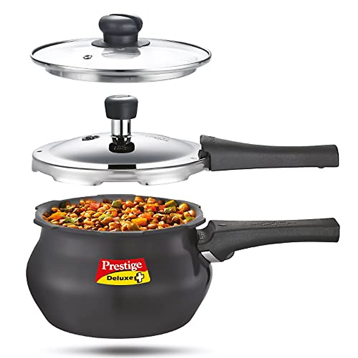 Prestige Deluxe Duo Plus Hard Anodised Handi Pressure Cooker With Stainless Steel Lid 3.0 Liters and Glass lid, medium (20144)