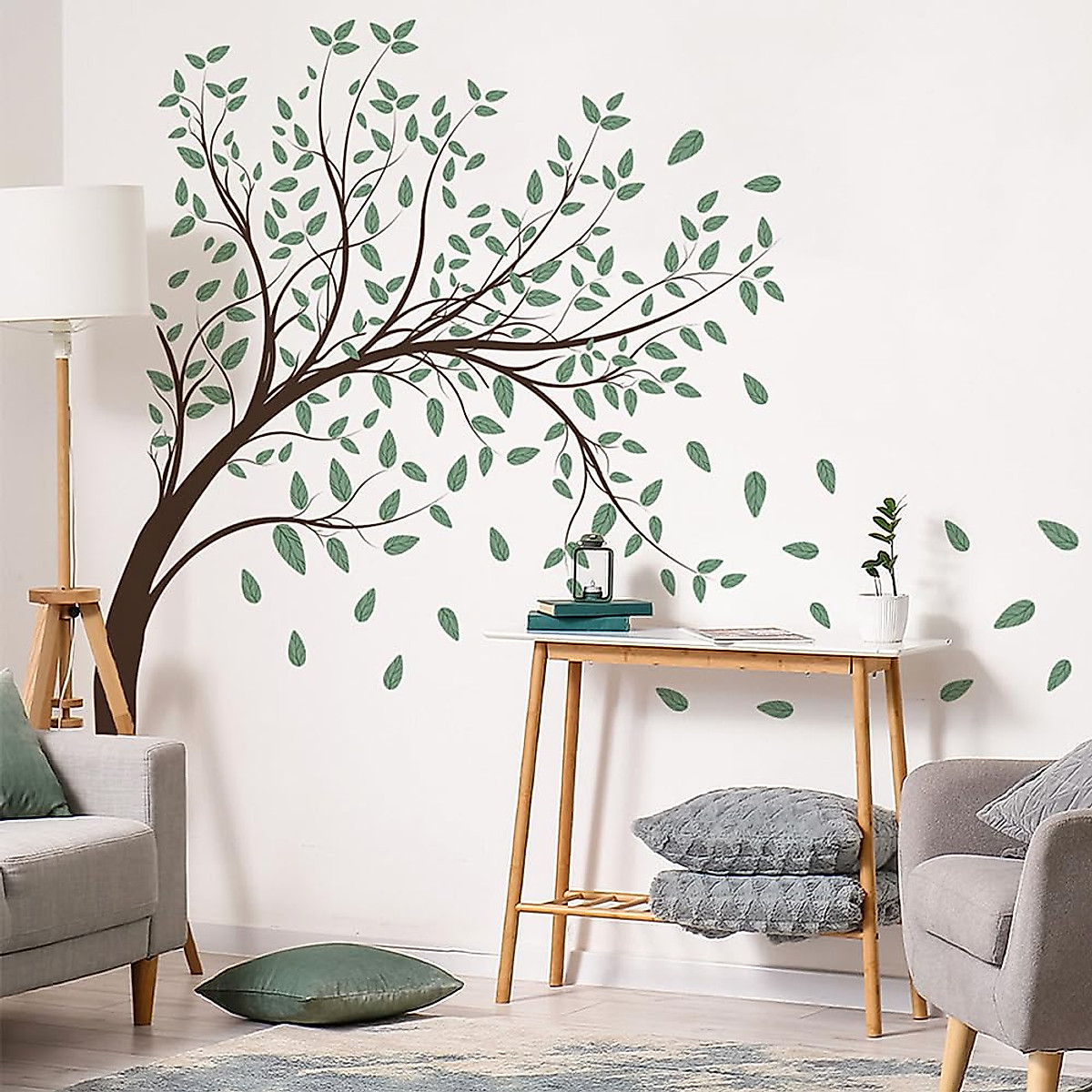 Prabahdak 4 Sheets Green Tree Wall Decals Big Tree Wall Stickers Large DIY Peel and Stick Flying Leaves Wall Decor for Kids Bedroom Living Room Nursery Rooms TV Sofa Background Decoration