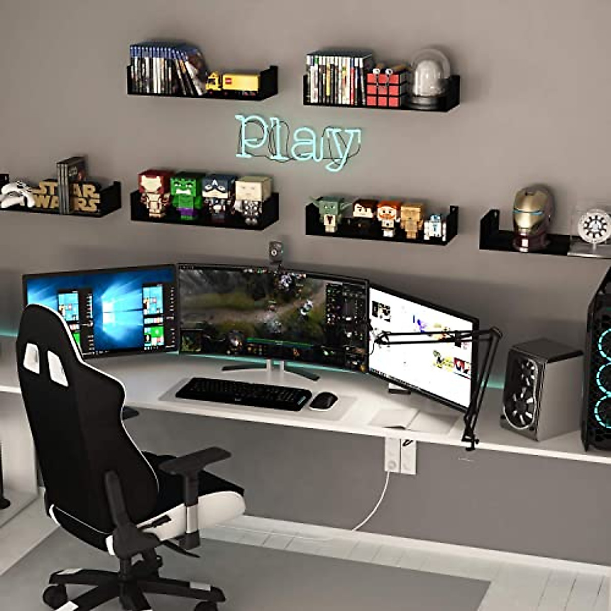 Wallniture Bali Black U Shape Floating Shelves for Wall, CD DVD Storage Shelves and Metal Bookshelf Set of 6