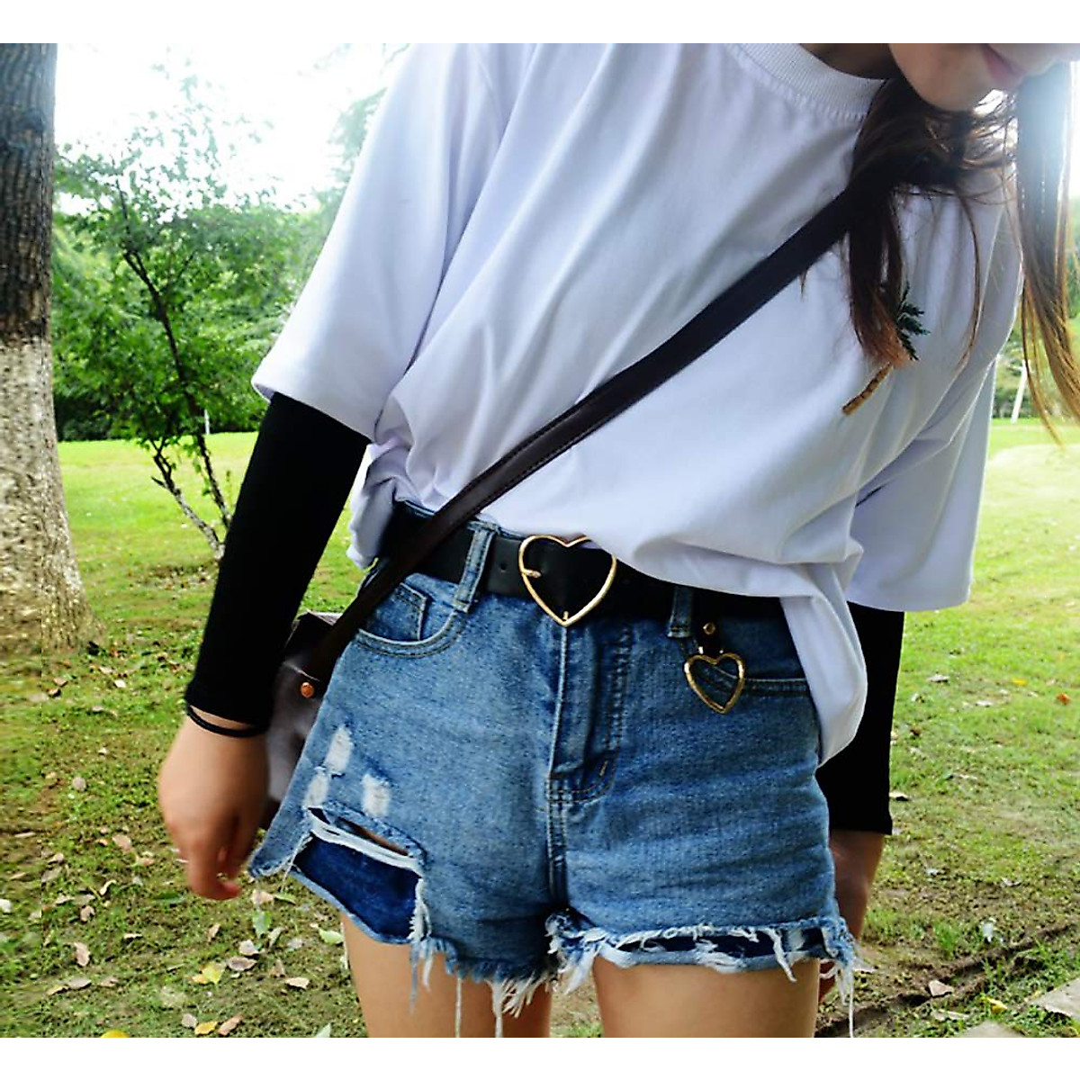 UTENEW Heart Shape Belts Wide Black Leather Waist Belt Women Jeans Pants Dresses with Alloy Buckle, Gold