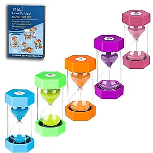 SuLiao Hourglass Sand Timers for Kids, 1/3/5/10/30 Minutes Acrylic Sand Clock, Colorful Plastic Sand Watch Hour Glass Sandglass for Classroom, Games, Kitchen (Pack of 5)