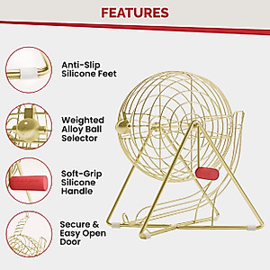 MR CHIPS 11" (Inch) Tall Professional Bingo Set with Steel Cage, Everlasting 7/8” Balls, Master Board for Balls - Luxury Gold Color
