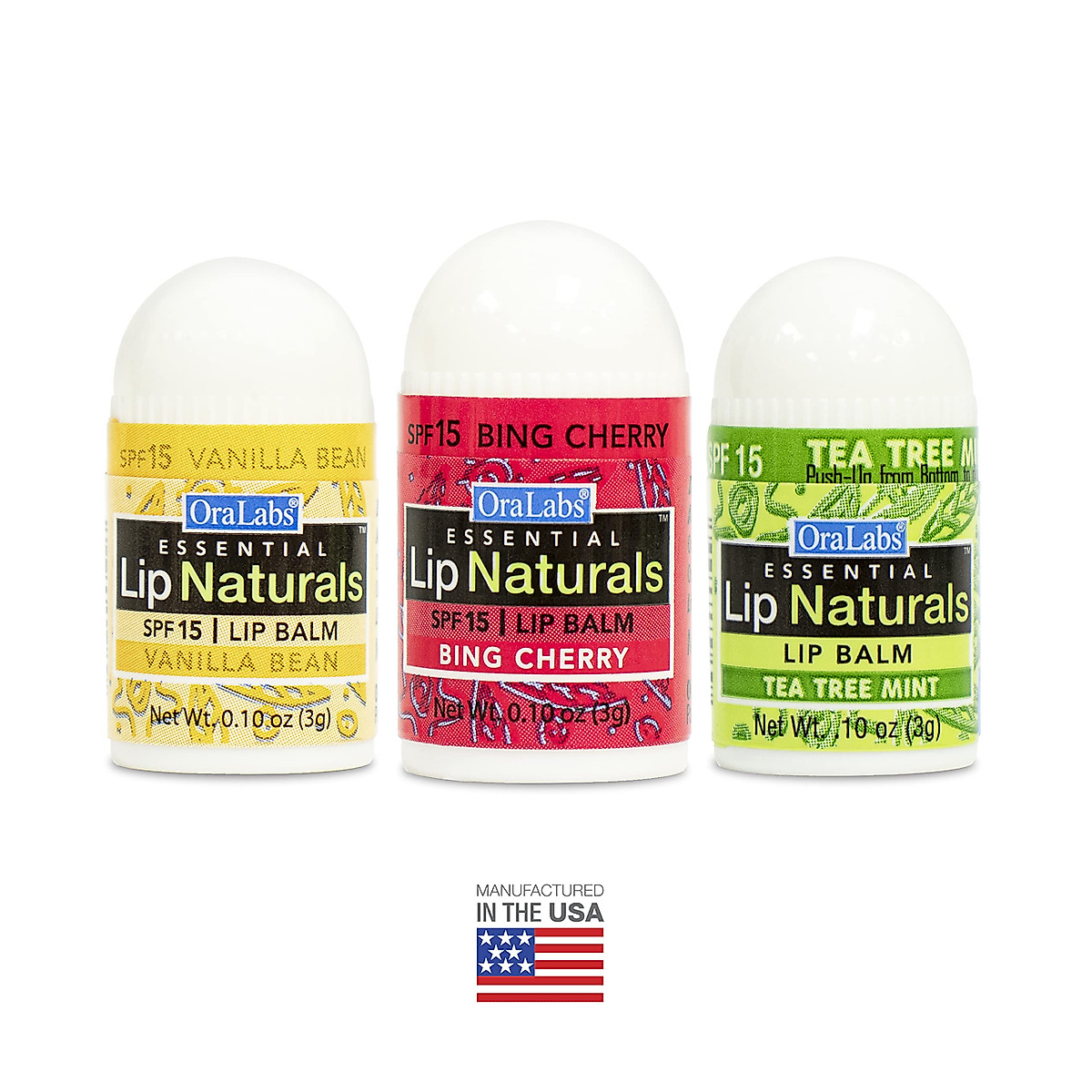 Lip Naturals® | 12-Count Assorted Mini Lip Balm with Sunscreen (SPF-15) & 1 Lip Balm Keychain | Made in USA | Lip Balm Pack with 3 Flavors: Tea Tree Mint, Vanilla Bean, & Bing Cherry (0.10oz/3g Each)