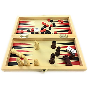 Matty's Toy Stop Deluxe 15" Backgammon Briefcase (Vinyl Gray Attache) with 3-in-1 Chess, Checkers & Backgammon Wooden Travel Games Set (8")