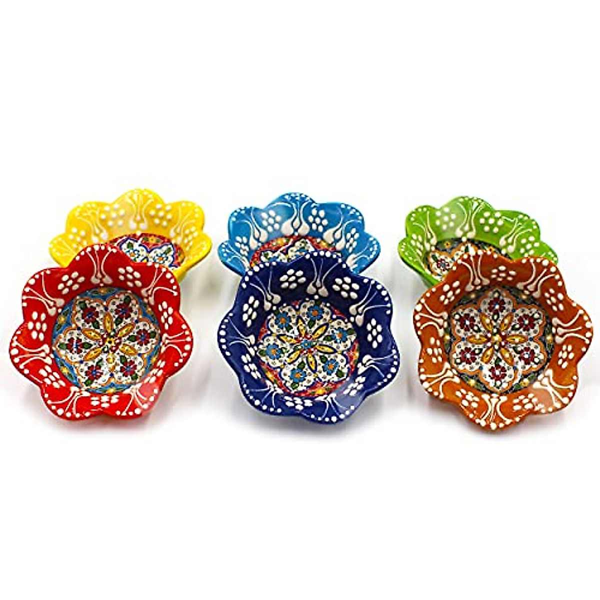 Silver Craft 6 Pcs Daisy Shaped Hand Painted Decorative Serving Turkish Tiny Bowls - Handmade Ceramic Bowl - Set of 6 (3.7 inc/9.5cm) 2.5 Oz Pinch Multicolor Small Serving Bowls - Best Gift Set