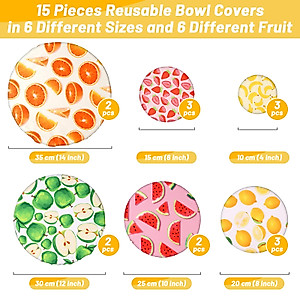 15 Pieces Reusable Bowl Covers in 6 Size, Sublaga Stretch Cloth Fabric Dish Cover Kitchen Storage Containers Lids for Fruits Food Leftover Dough Bread Proofing (Fruit Style)