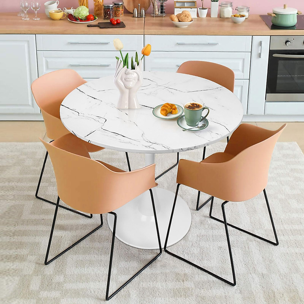 Round Dining Table White Faux Marble Kitchen Dining Table 31.5" Modern Mid-Century Leisure Tulip Table with Pedestal Base for Dining Room 2 to 4 Person