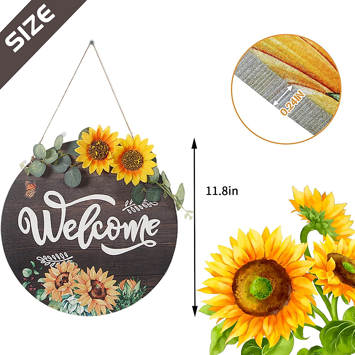 DZH Enjoy Sunflower Welcome Sign Front Door Wreaths Rustic Round Wood Farmhouse Wreath for Home Decor Bedroom Yard Garden Indoor Outdoor Wall Décor