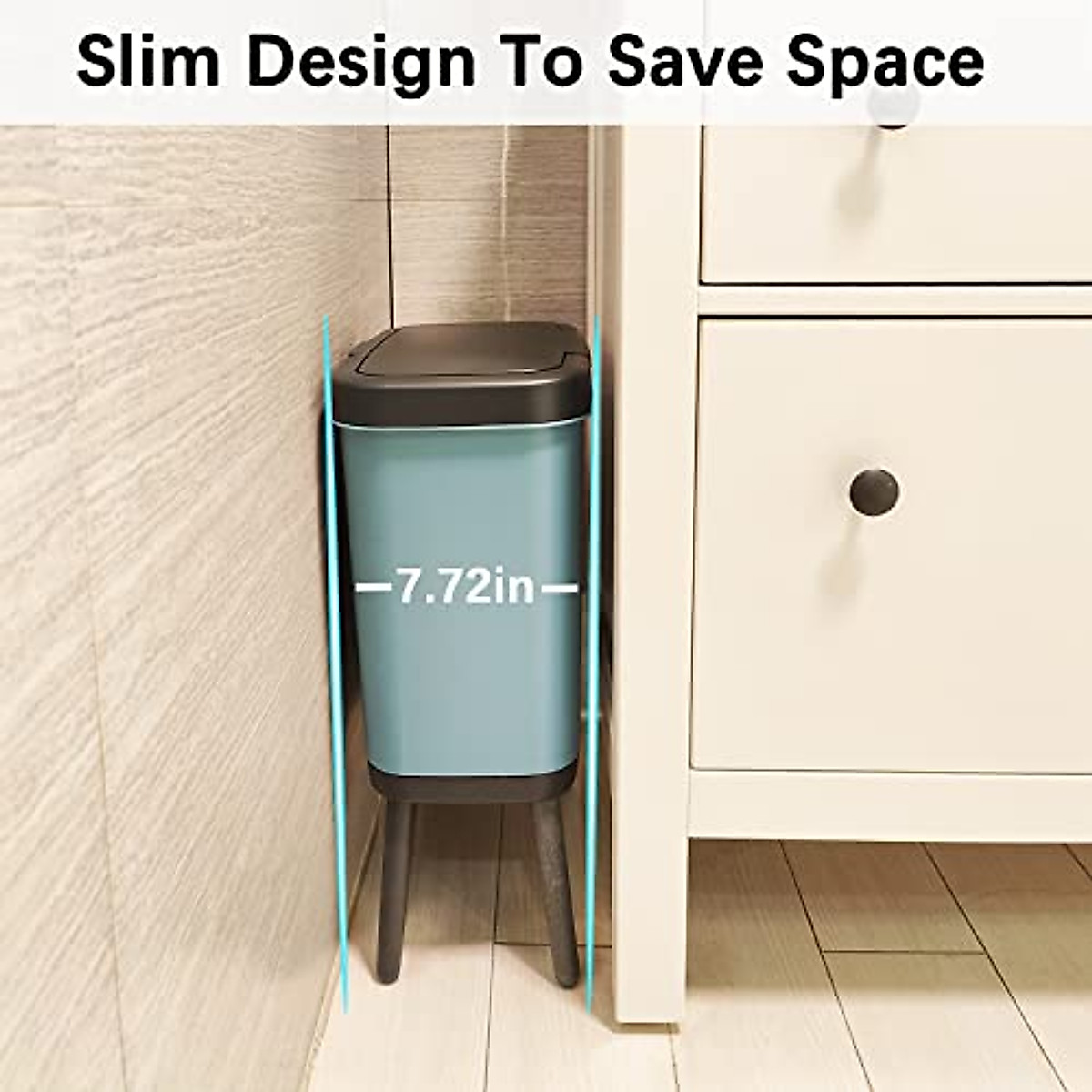 URALFA Slim Trash Can for Kitchen, 4 Gallon Narrow Garbage Can with Press Top Lid, Small Plastic Trash Bin Modern Garbage Bin Waste Basket for Home, Bedroom, Toilet, Living Room & Office, Blue