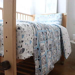 Emenpy 100% Cotton Crib Bedding Set for Infant Boys Girls,3 Pcs Baby Pattern Bed Linen Include Duvet Cover,Fitted Sheet,Pillowcase,Nursery Decoration,No Filler(Sky Blue)