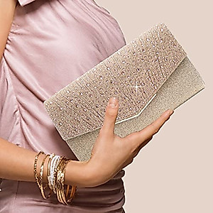 OOTD LAND Womens Evening Bag Glitter Sequins Clutch Purse for Wedding Party Prom Purse with Rhinestone (Champagne-2)