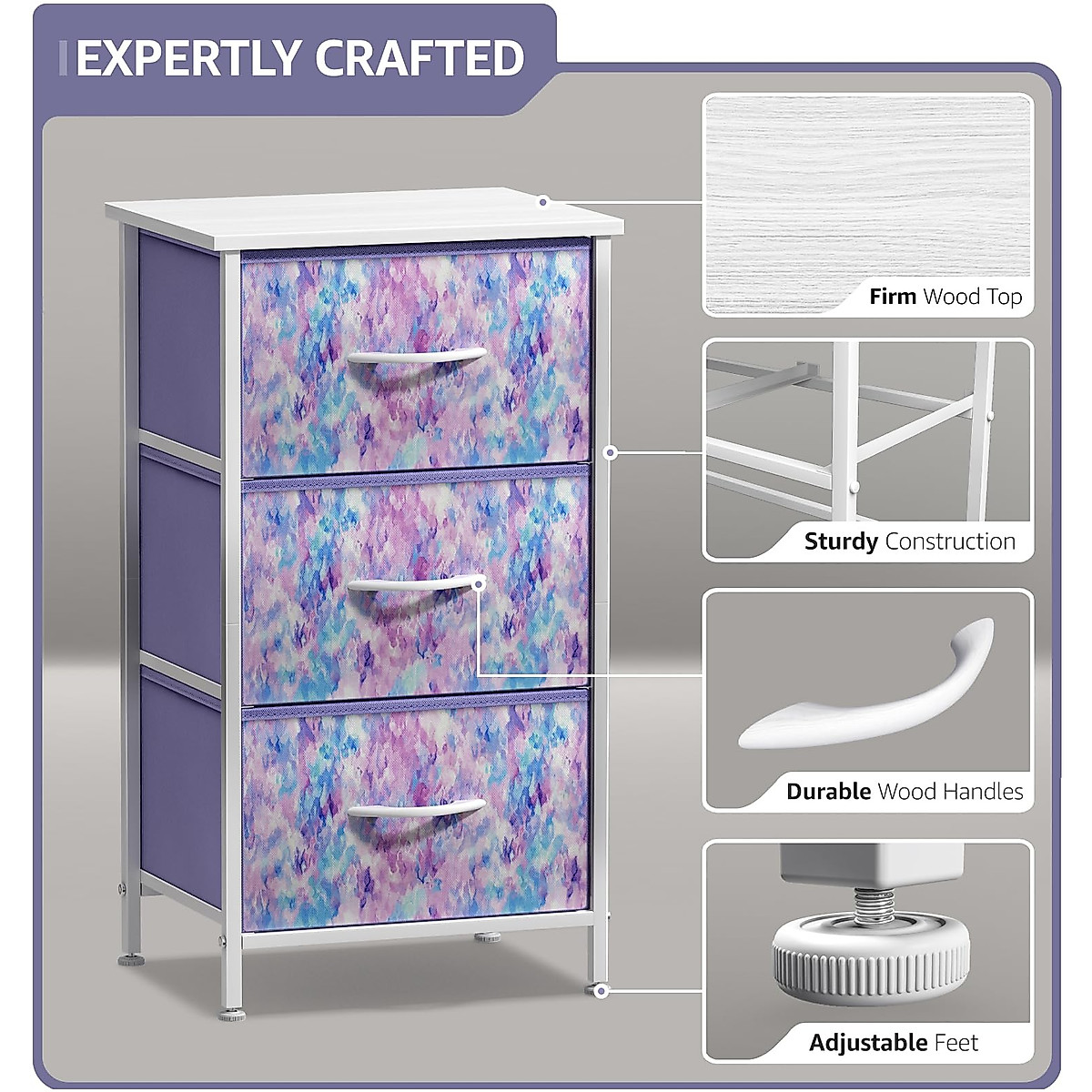 Sorbus Nightstand Storage Organizer Chest with 3 Drawers - Kids Girls, Boys Bedroom Furniture Chest for Clothes, Closet Organization - Steel Frame, Wood Top, Fabric Bin (3-Drawer, Blue/Pink/Purple)