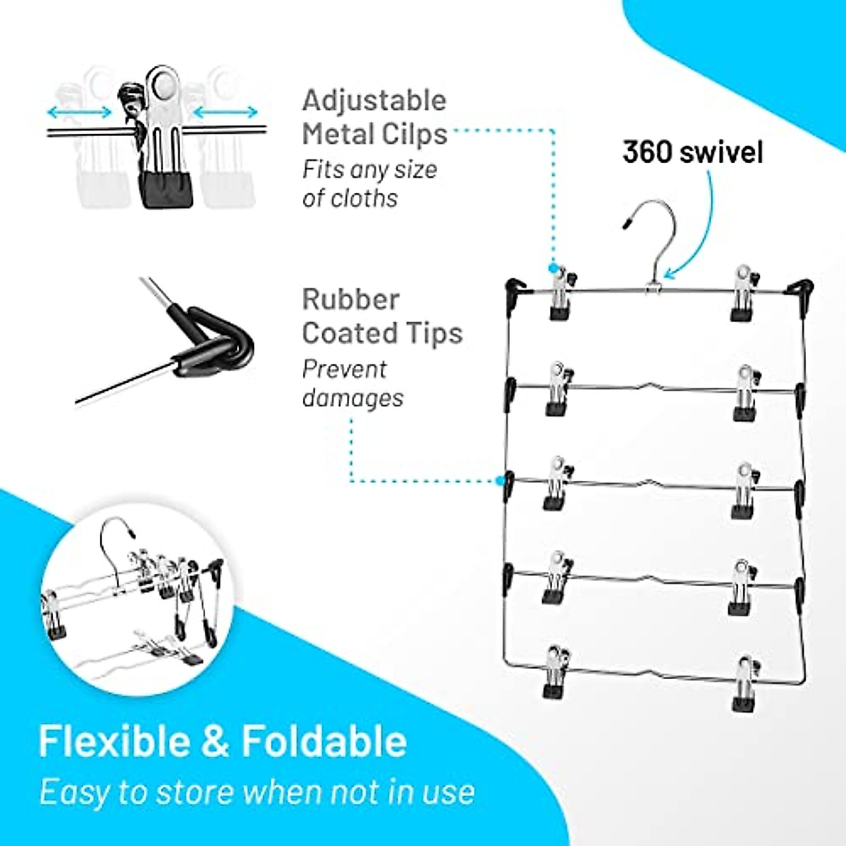 5-Tier Skirt Hangers with Clips (3 PK) Pant Hangers Space Saving Multiple Hangers in one Clothes Hangers with Clips Multiple Pants Hangers for Closet Bottom Hangers Metal Pants Hangers with Clips