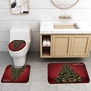 Merry Christmas Shower Curtain Sets for Bathroom 4 Pcs Xmas Shower Curtain Non-Slip Bathroom Rugs Lid Toilet Cover Bath Mat Santa Claus Christmas Tree Elk Snowman Carpet Decor (Tree A, One Size)