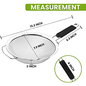 Kafoor 8" Large Fine Mesh Strainer with thermo plastic rubber handle - Sieve Fine Mesh Stainless Steel - Ideal to Strain Pasta, Quinoa and Rice.