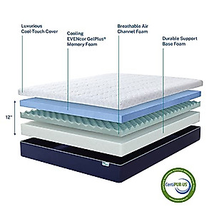 Sleep Innovations Ellis 12 Inch Advanced Cooling Gel Plus Memory Foam Mattress with Dual Cool Cover, Queen Size, Bed in a Box, Medium Support