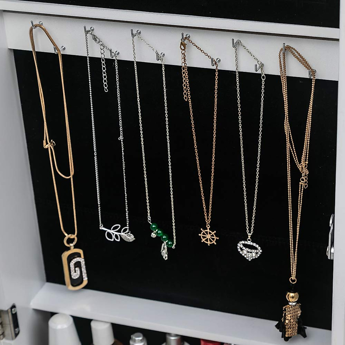 HOUAGI Modern White Jewelry Armoire with 5 LEDs, Mirror, 4 Drawers, Wall Mounted, Jewelry Organizer for Women, Wedding, Birthday, Earring Storage