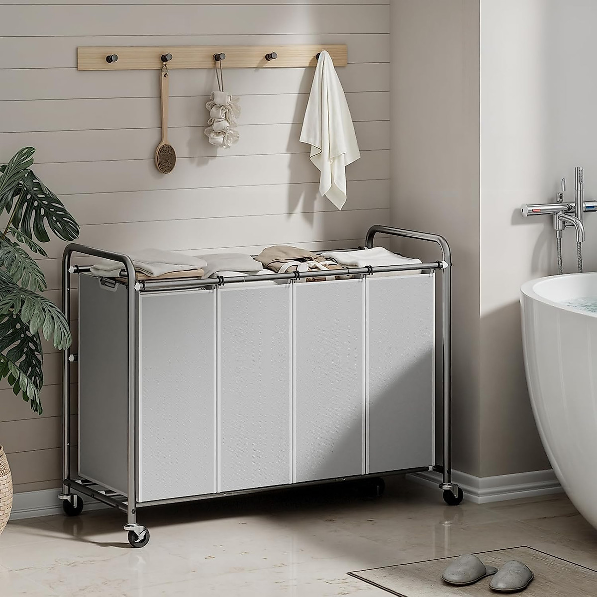 ROMOON 4 Bag Laundry Sorter Cart, Laundry Hamper Sorter with Heavy Duty Rolling Wheels for Clothes Storage, Grey