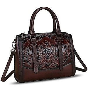 Genuine Leather Satchel for Women Embossed Leather Top Handle Bags Handmade Purse Vintage Crossbody Handbags Hobo Bag (Coffee)