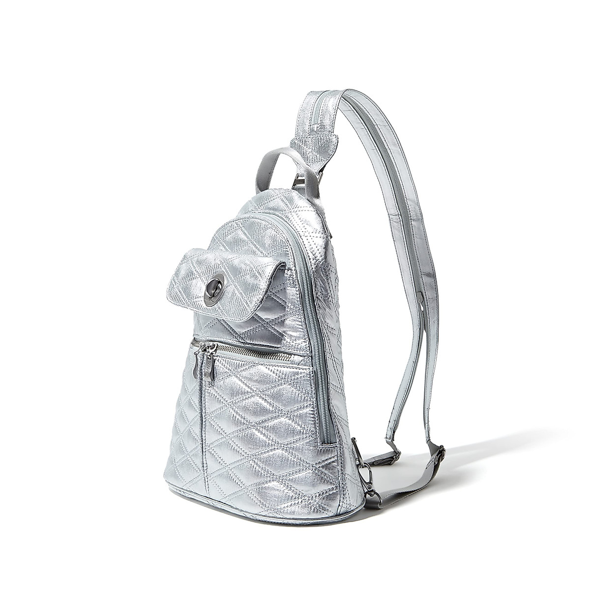 Baggallini Naples Convertible Small Daypack Sling Crossbody, Silver Metallic Quilt