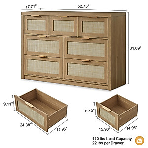 OAKHAM HOME 7 Drawer Dresser, Large Dresser for Bedroom, Rattan Chests of Drawers with Metal Handle and Wide Drawers, Wood Dressers Organizer TV Stand, 52.76" W x 17.71" D x 31.69" H