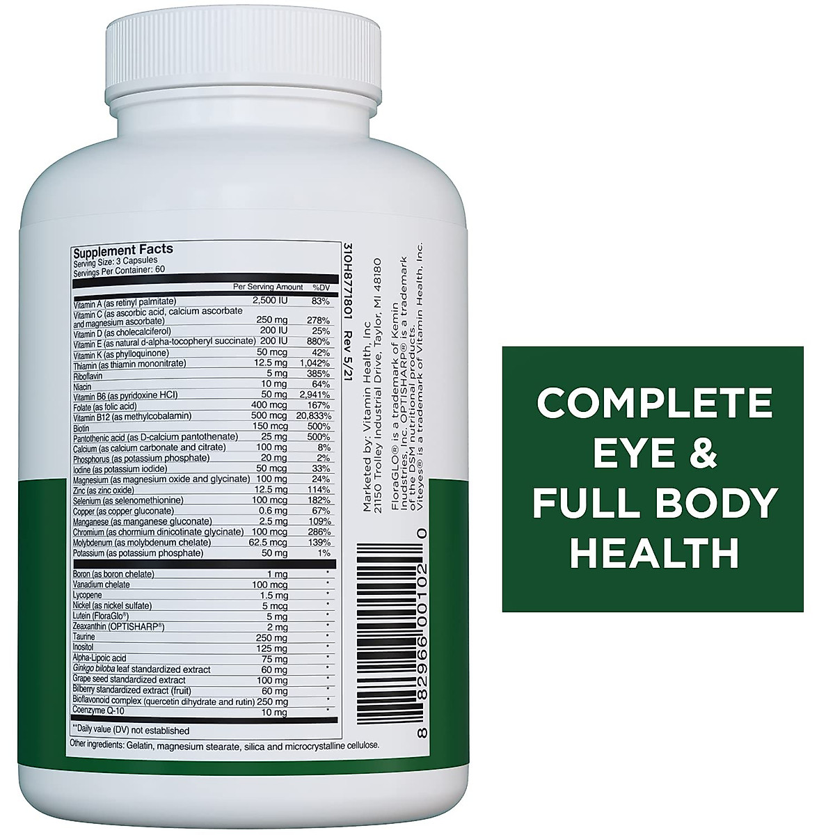 Viteyes Complete Eye & Total Body Health Multivitamin Nutritional Supplement, 180 Capsules, White