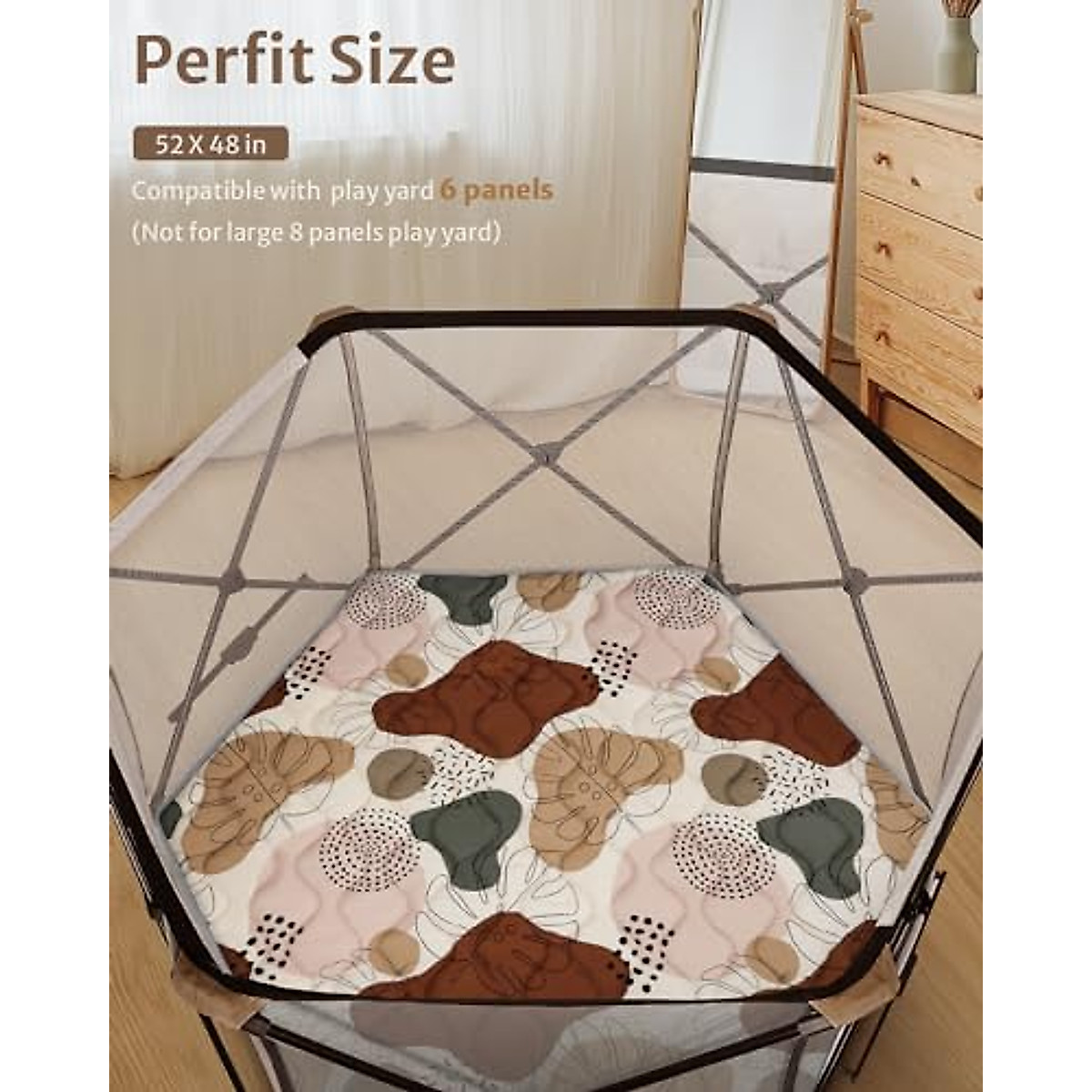 Blissful Diary Hexagon Playpen Mat,52x48 Thicken Soft Playpen Mat fits Regalo Portable Play Yard 48 Inch and Hiccapop 53" PlayPod Playpen,Washable Baby Play Mat for Infants Toddler Kids,Boho Design